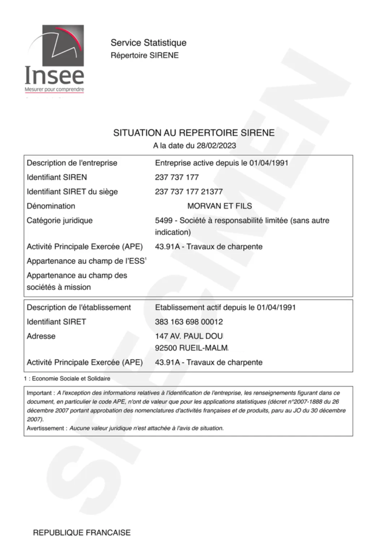 Obtenez votre avis de situation SIREN INSEE
